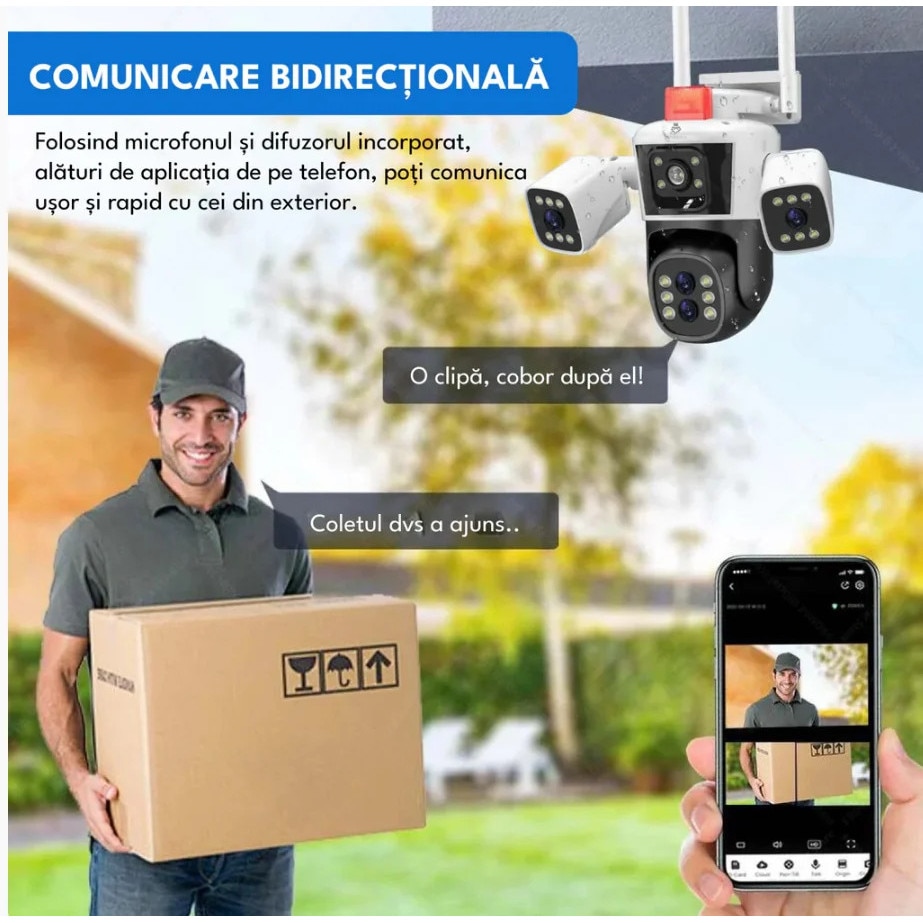 Camera Supraveghere WiFi cu 3 Camere Crocodil, Zoom Optic 10X, 16MP, 4K ...