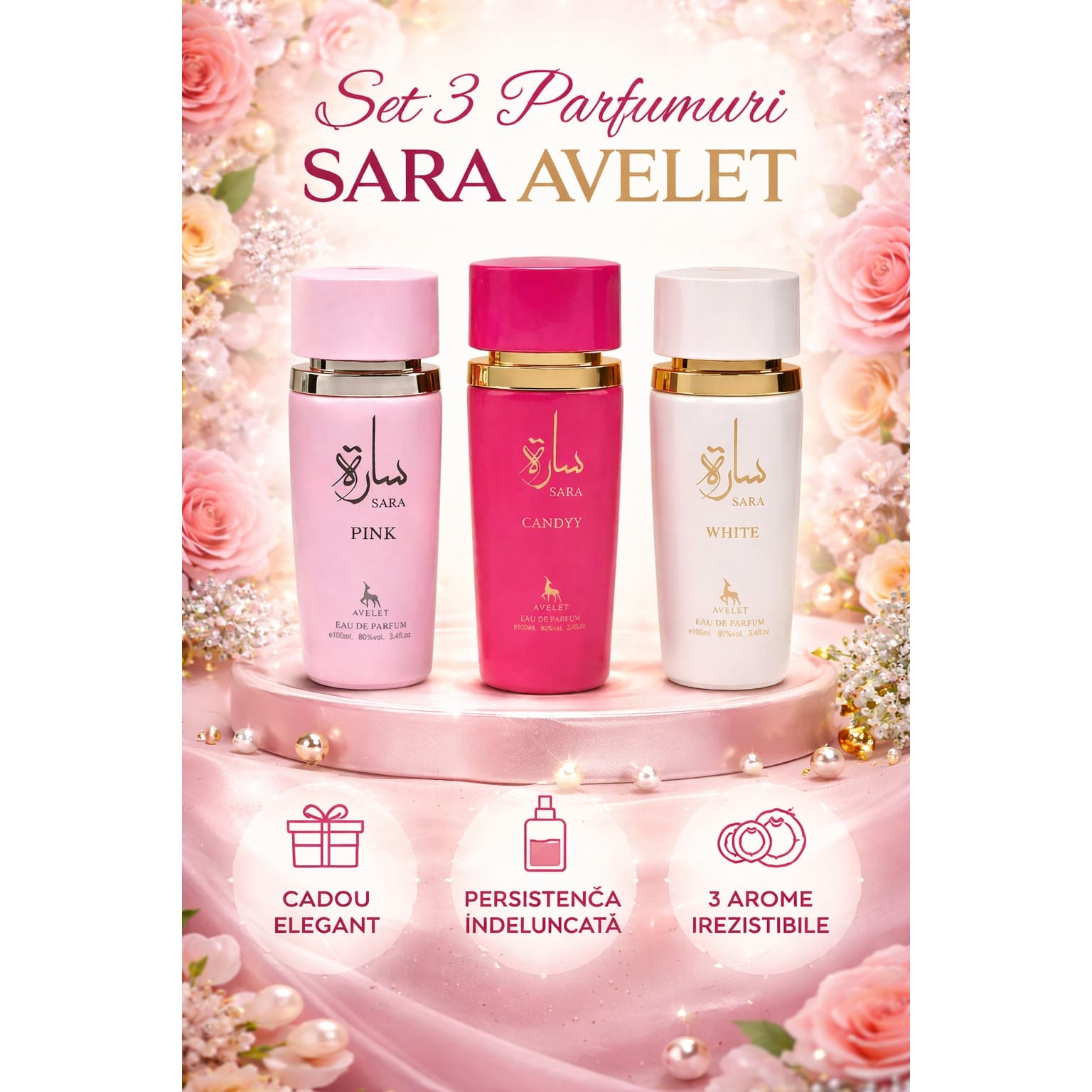 Set 3 parfumuri Sara Avelet 300ml, Pink, Candy, White, Eau de Parfum ...