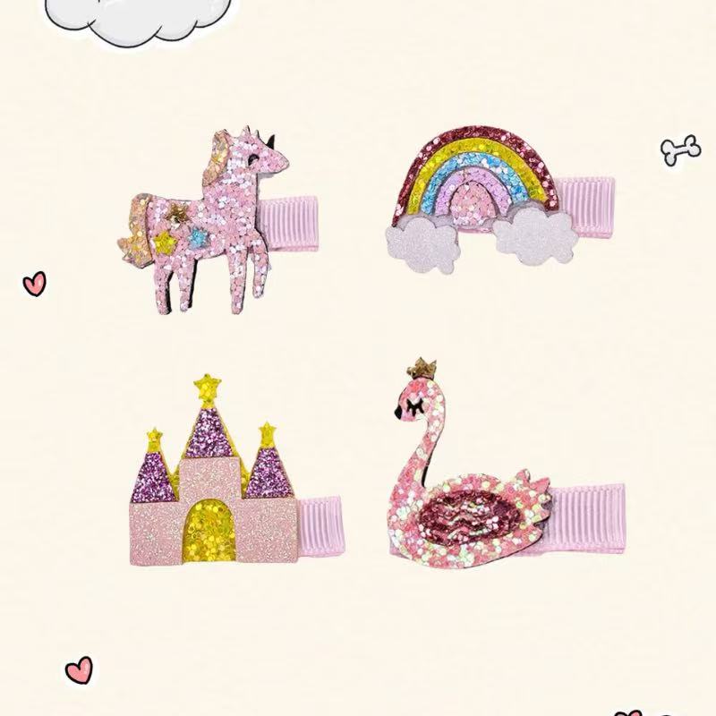Set 4 agrafe de par pentru copii, unicorn/rainbow/castel/flamingo, roz ...