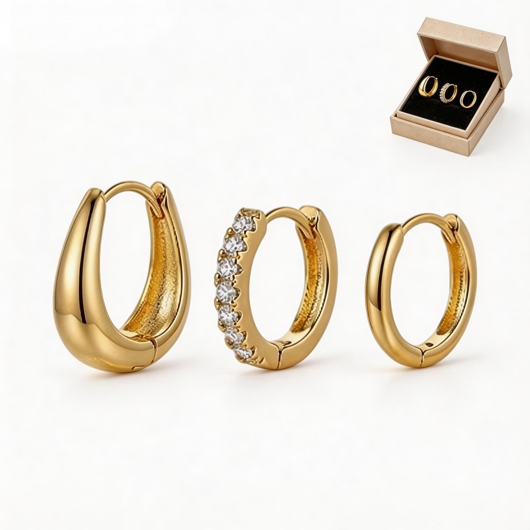 Set 3 cercei dama hoop hipoalergenici, placati aur cu zirconiu cubic ...