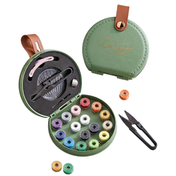 Trusa de cusut portabila, set complet, crem bej si verde vintage, 13 ...
