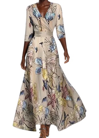 Rochie eleganta, cu imprimeu vintage, decolteu in V, talie cambrata ...