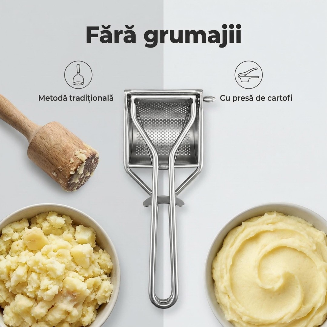 Presa manuala din otel inoxidabil pentru legume, design cu recipient ...