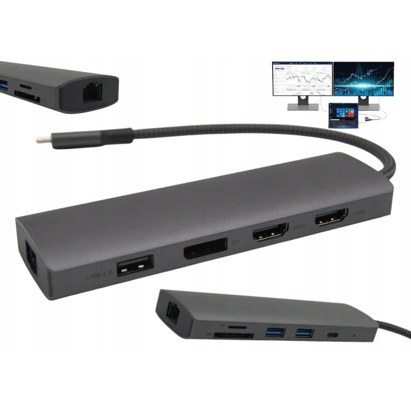 Statie de andocare pentru 2 monitoare, USB-C, HDMI, 4K, cititor de ...