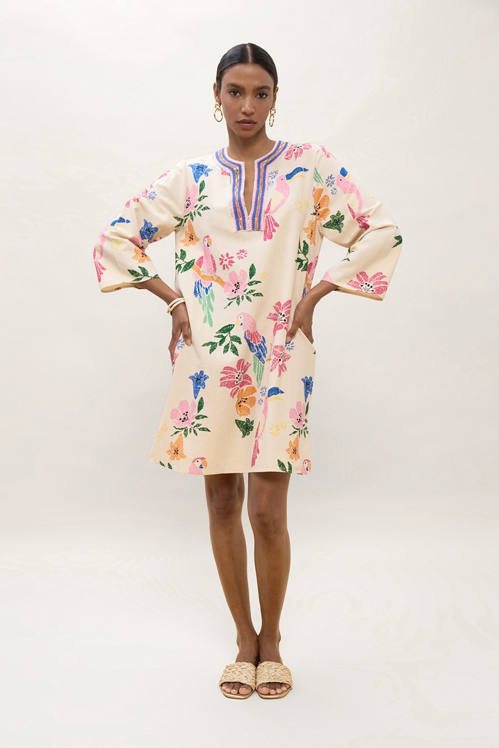 Lola Casademunt, Rochie dreapta din bumbac si in cu model tropical, Roz ...