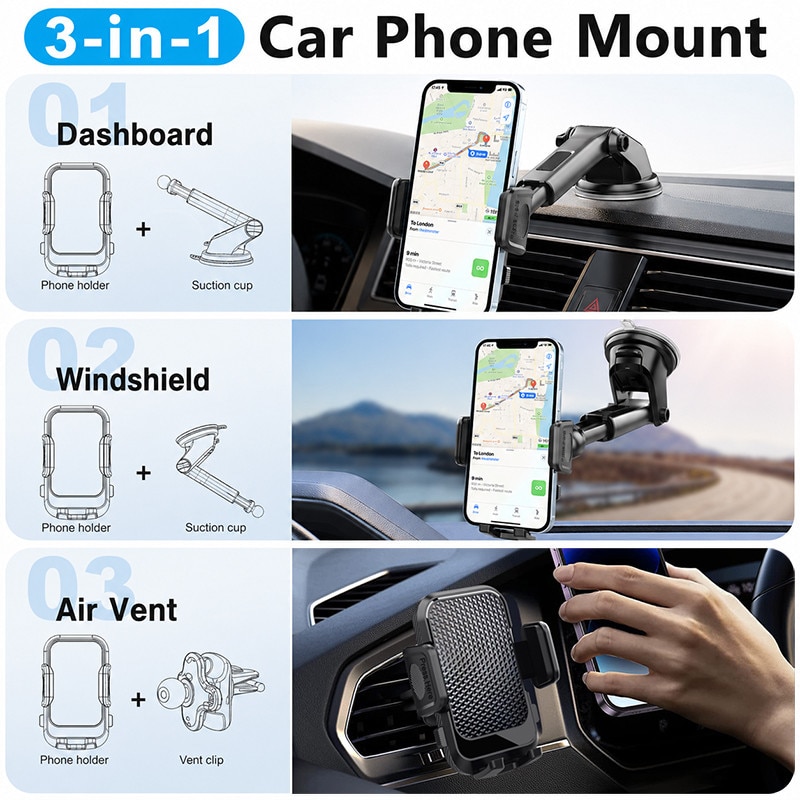Suport Telefon Auto 3-in-1 MagLife – Kit grila aerisire + ventuza bord ...