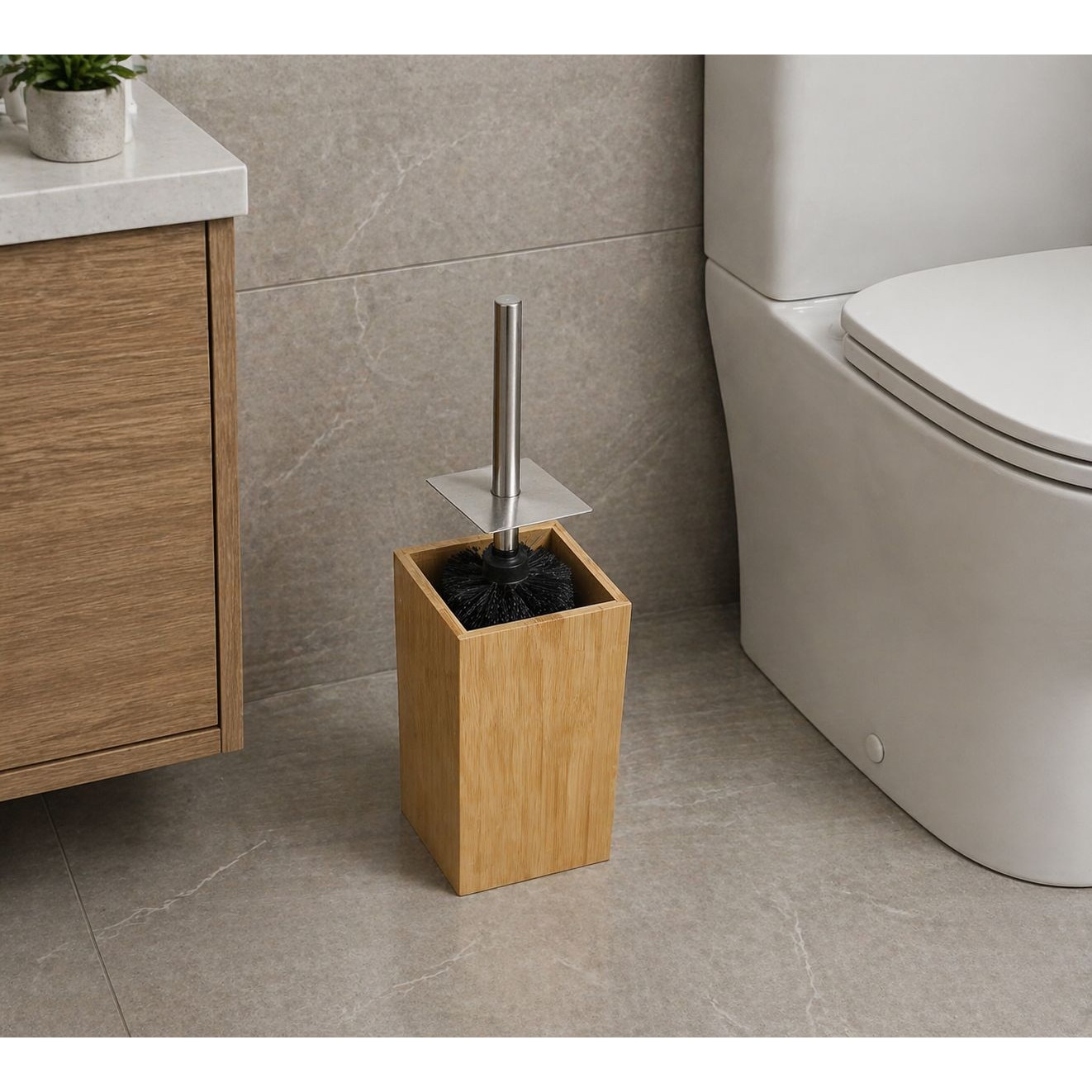 Perie WC cu suport din bambus si maner inox – set elegant pentru baie ...