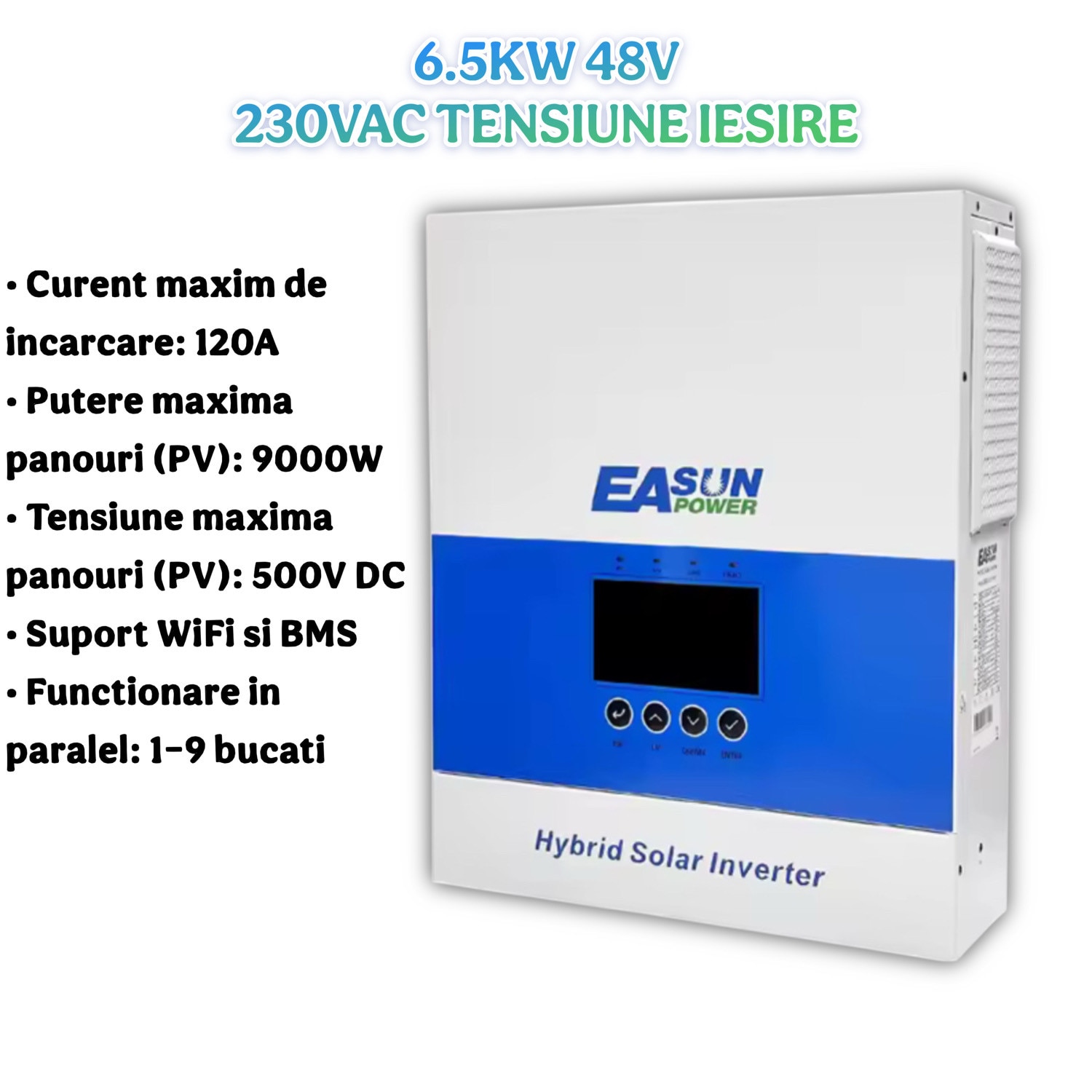 Invertor Solar Hibrid EASUN 6.5KW 48V, WiFi, MPPT 120A, Unda ...