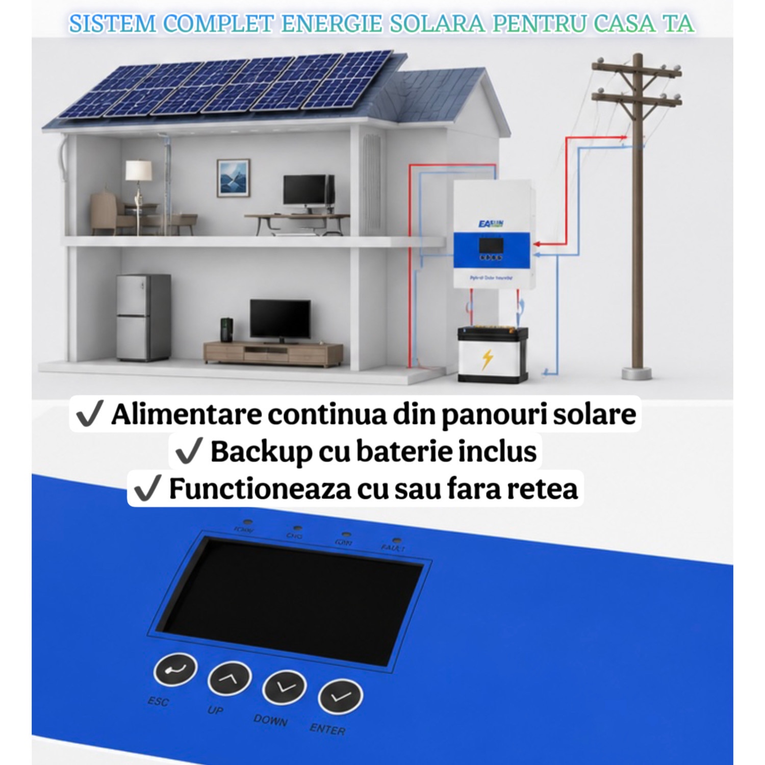 Invertor Solar Hibrid EASUN 6.5KW 48V, WiFi, MPPT 120A, Unda ...