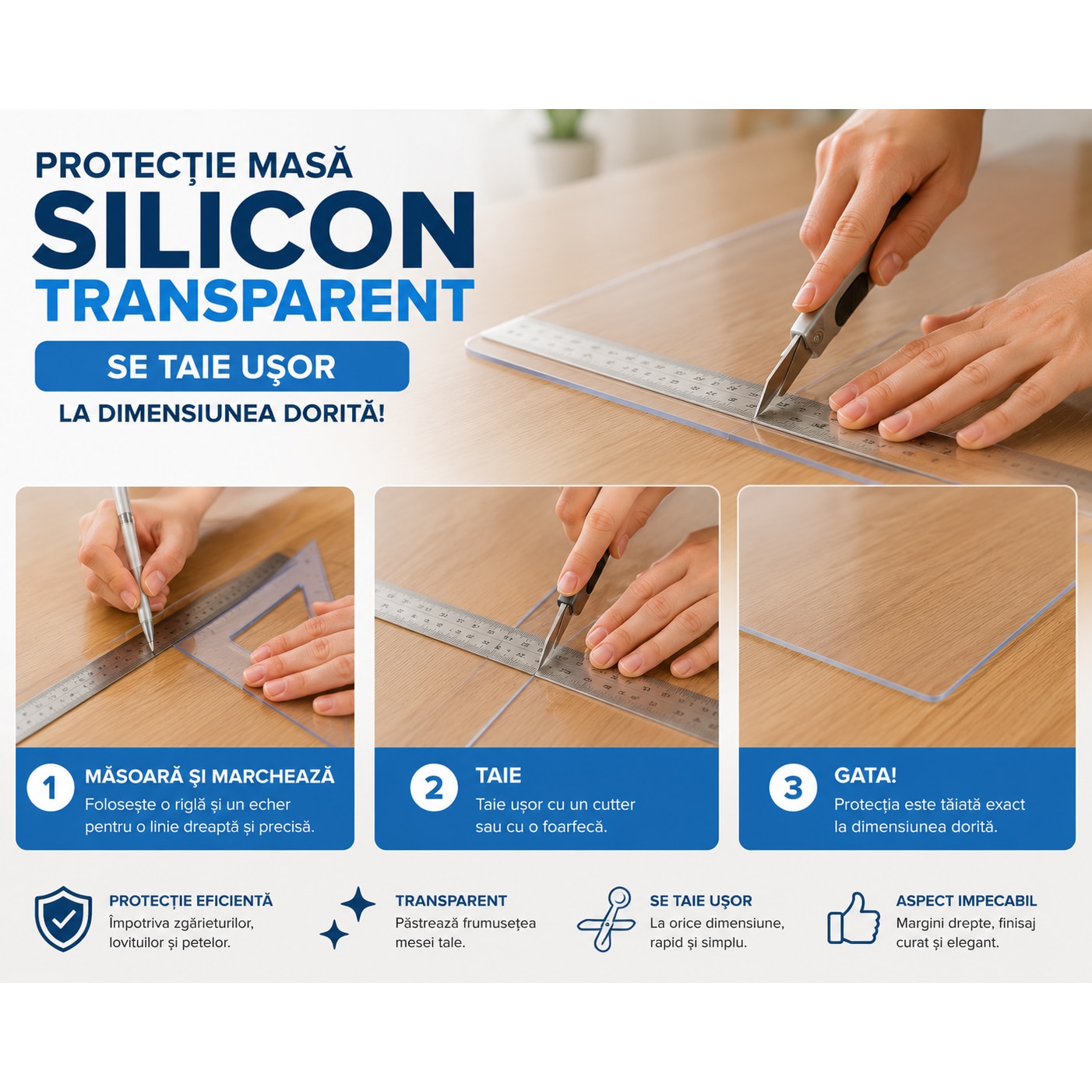 Protectie masa silicon transparent gros 120x80 cm, 1.2 mm, impermeabila ...