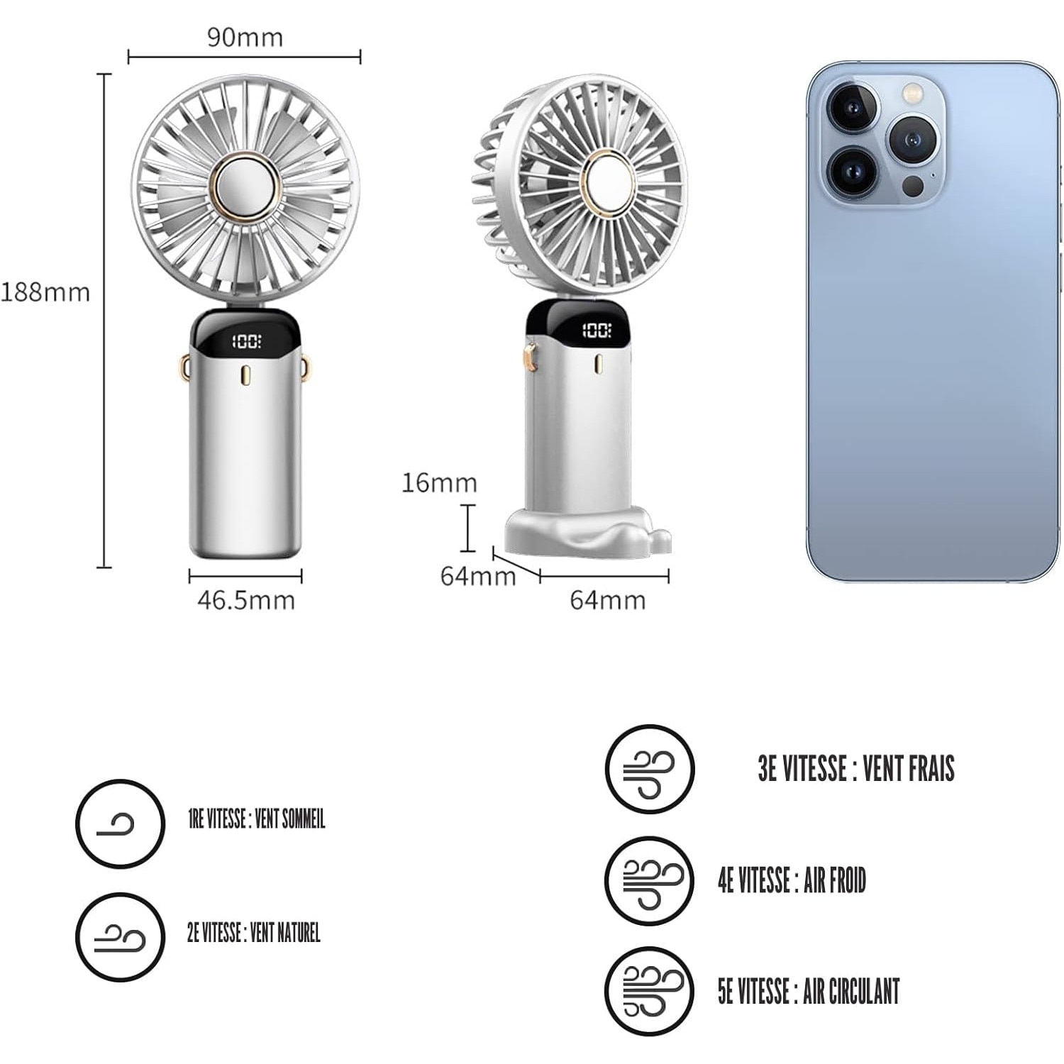 Ventilator portabil/mini ventilator USB reincarcabil, 5 trepte, pliabil ...