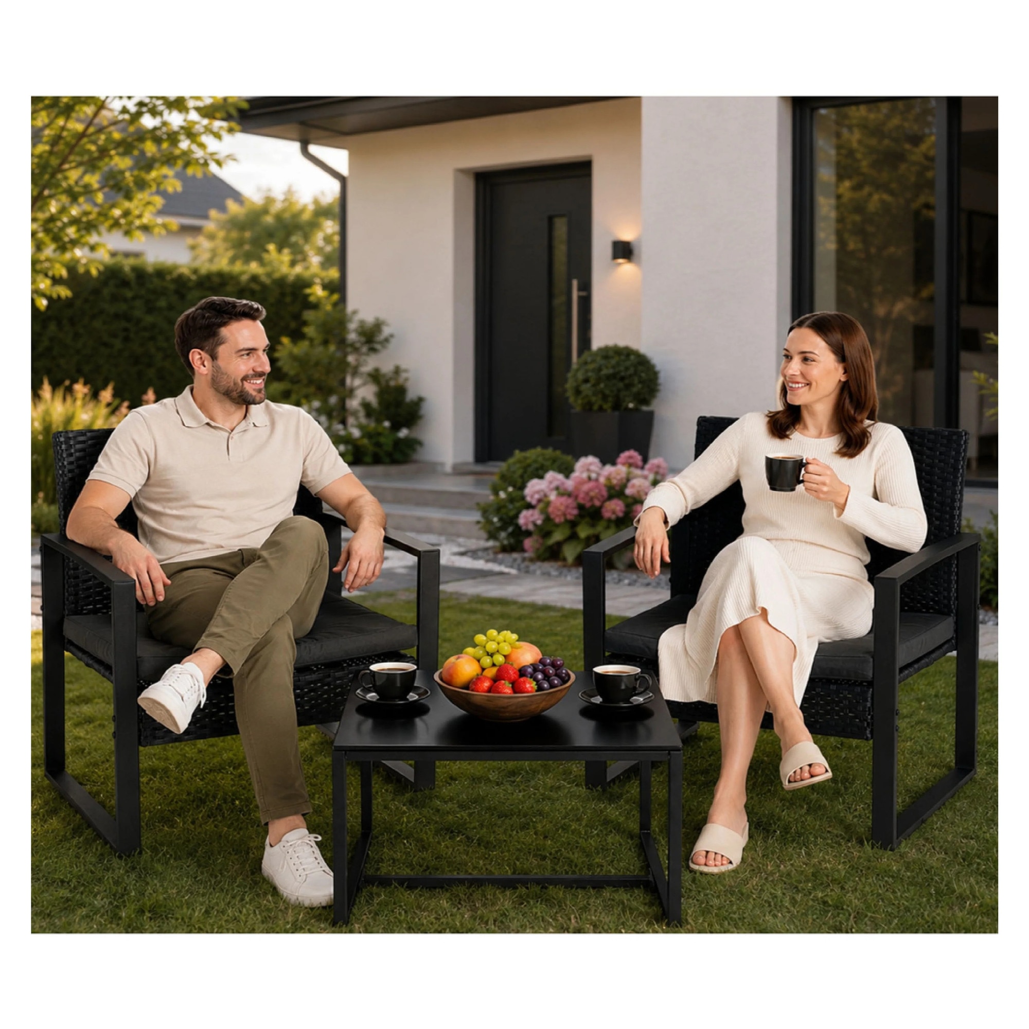 Set mobilier de gradina din ratan cu masuta de cafea, 2 scaune, negru ...
