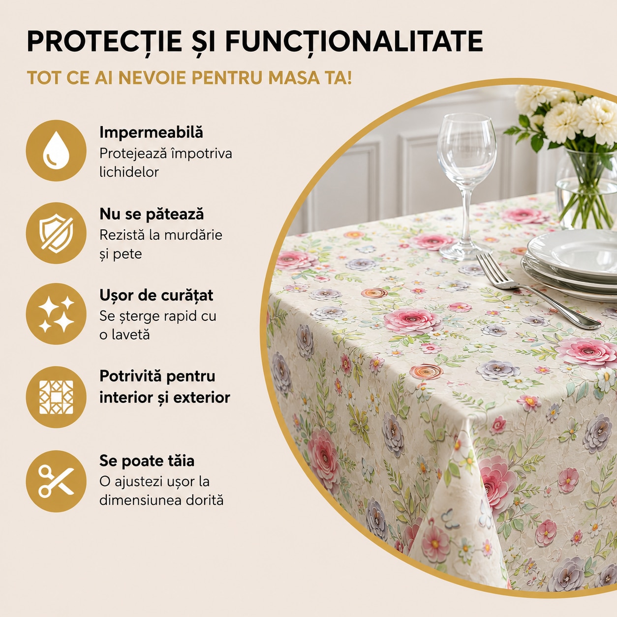 Fata de masa impermeabila 200×140 cm PVC Premium, model floral ...
