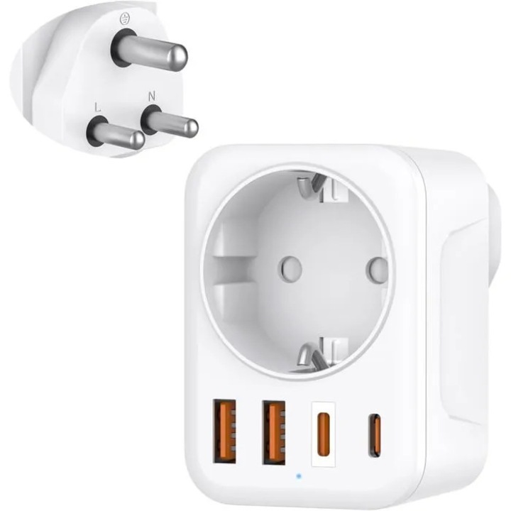 Adaptor de calatorie 5-in-1, 1 priza AC, 2 USB-C, 2 USB-A - eMAG.ro