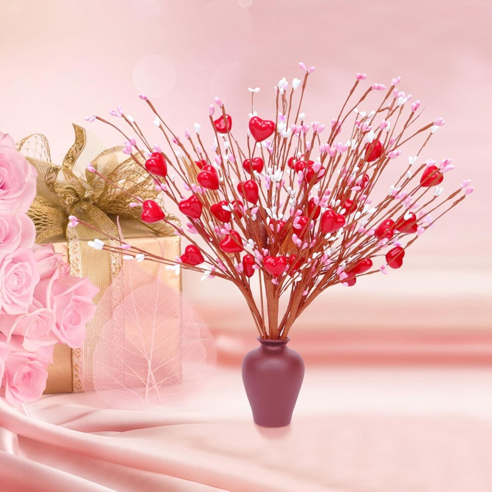 Set 6 tije artificiale cu fructe in forma de inima, decor floral, rosu ...
