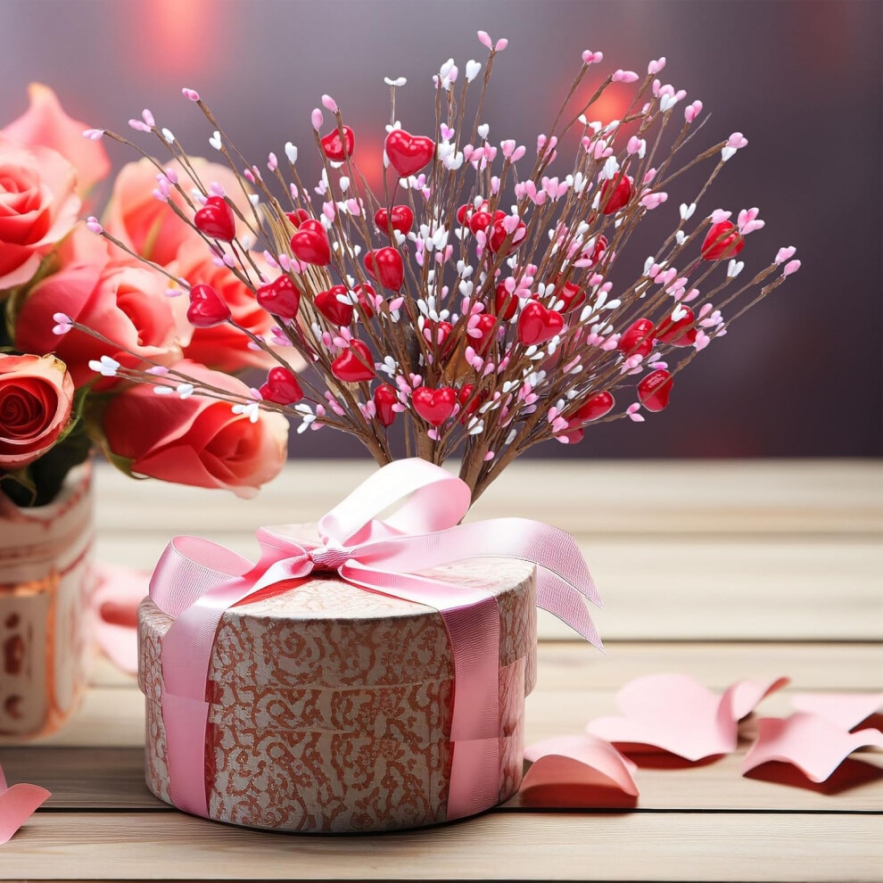 Set 6 tije artificiale cu fructe in forma de inima, decor floral, rosu ...