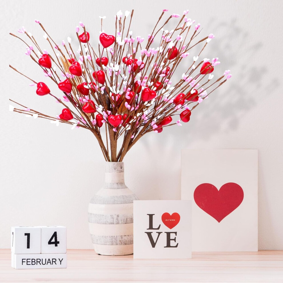 Set 6 tije artificiale cu fructe in forma de inima, decor floral, rosu ...