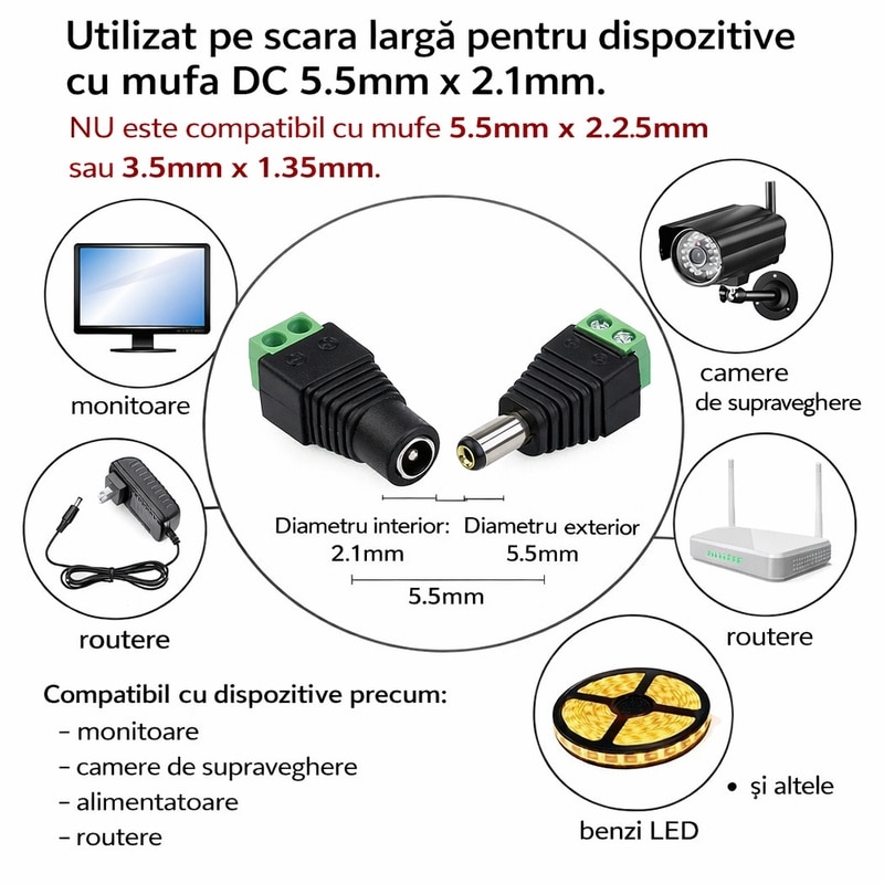 2 db CCTV tápcsatlakozó készlet 2.1/5.5 mm csavaros rögzítéssel, 1 anya ...