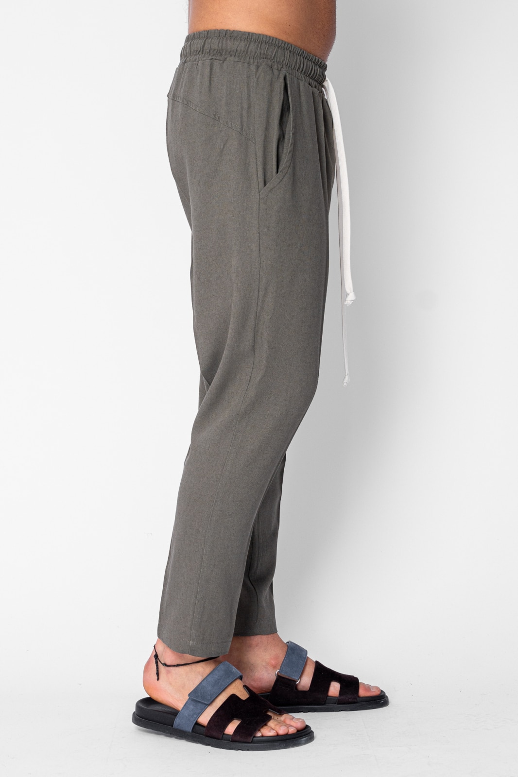 Pantaloni lung din IN cu snur conic Dark Olive Dark Olive M INTL - eMAG.ro