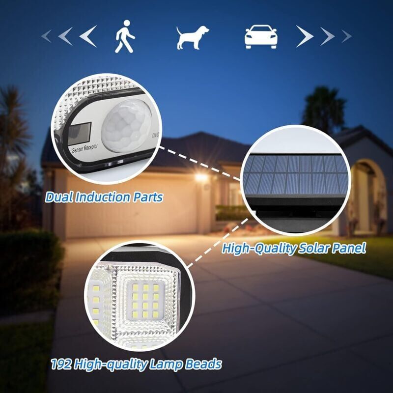 Lampa solara de perete cu 3 spoturi, 192 LED, senzor miscare, IP65, alb ...