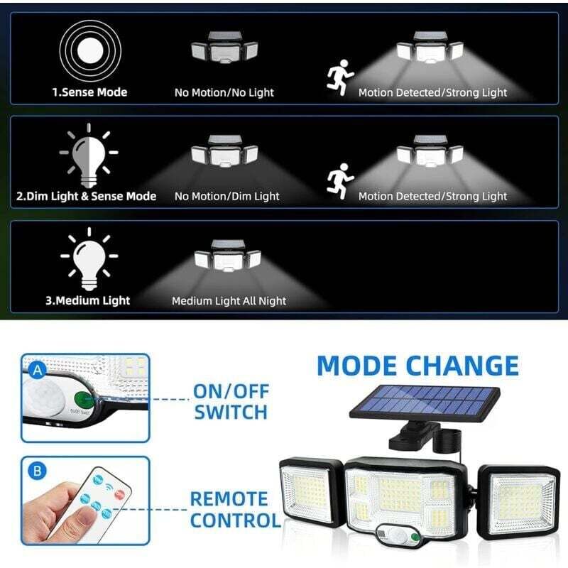Lampa solara de perete cu 3 spoturi, 192 LED, senzor miscare, IP65, alb ...