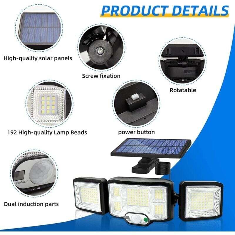 Lampa solara de perete cu 3 spoturi, 192 LED, senzor miscare, IP65, alb ...