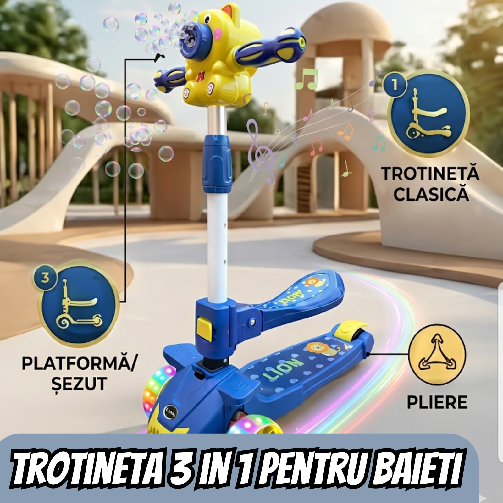Trotineta 3-in-1 LION pentru Copii Infiniteea™️, Generatoare de Baloane ...