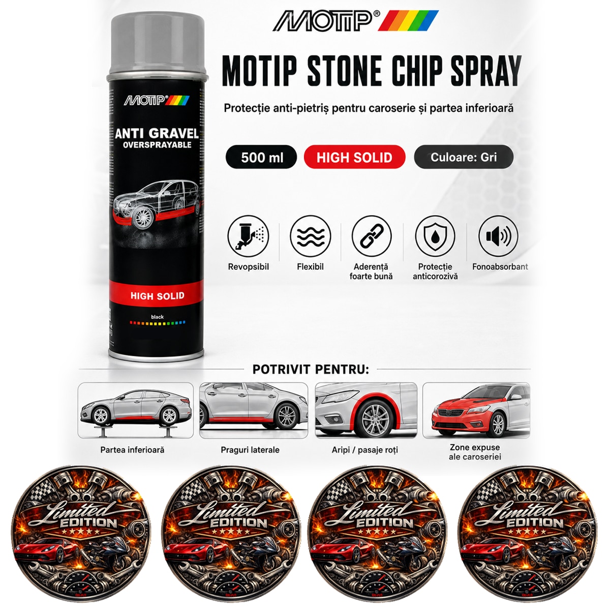 Spray protectie anti pietris MOTIP Stone Chip Spray 500 ml High Gri ...