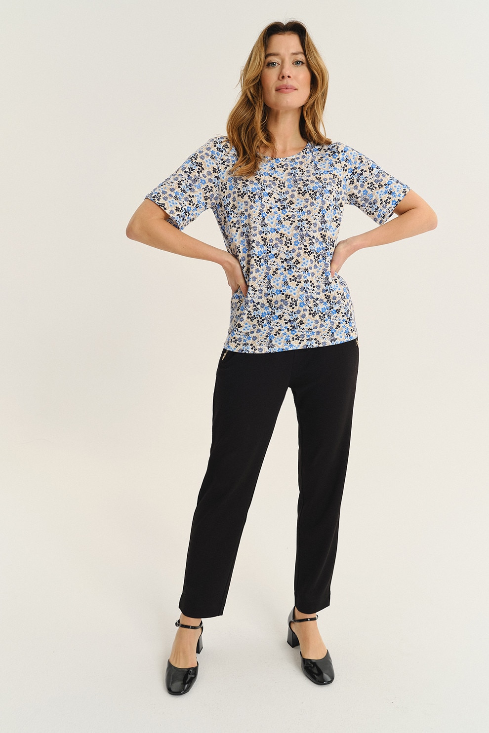 GreenPoint, Bluza cu model floral, Alb, Albastru azur, Albastru stins ...