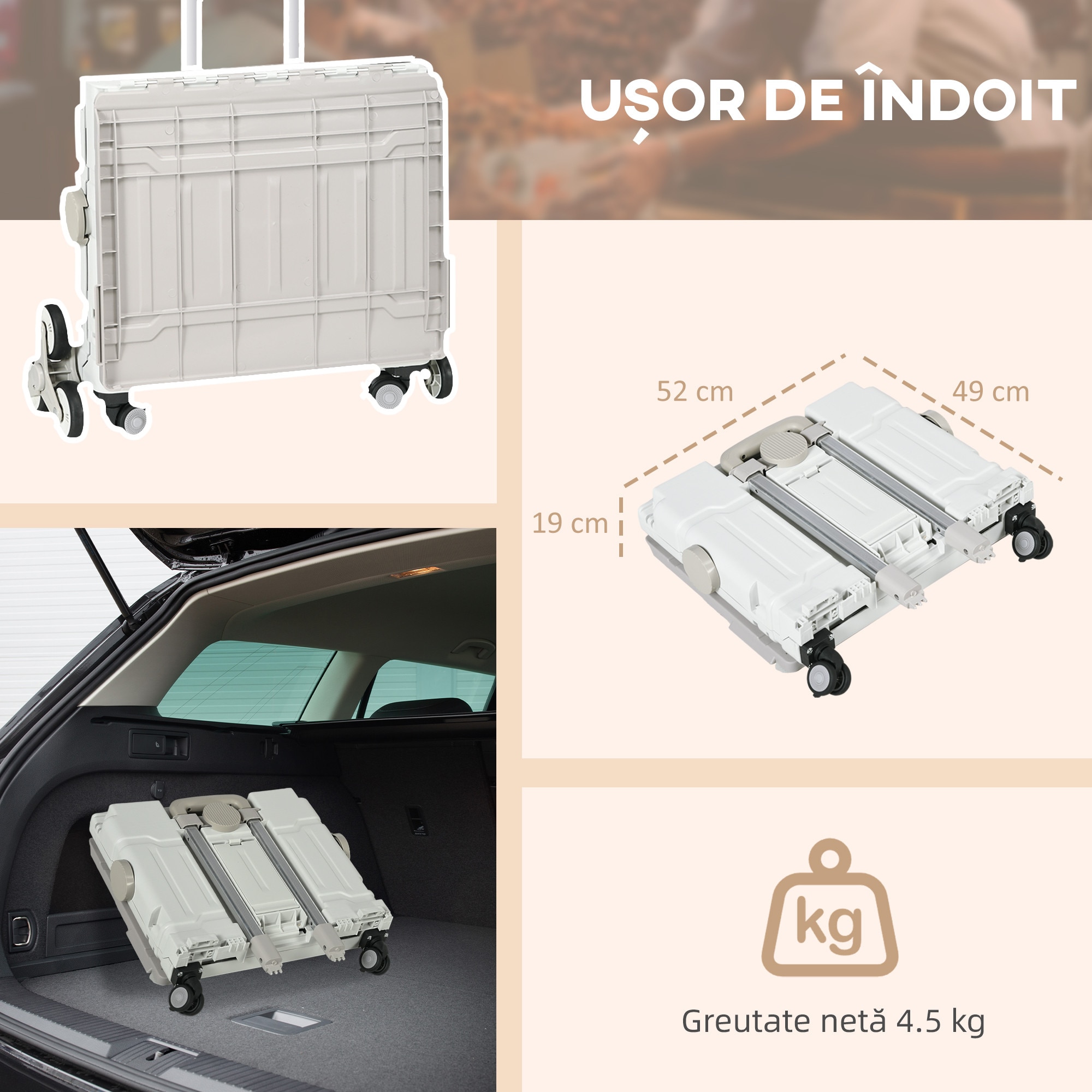 Carucior pentru Cumparaturi, HOMCOM, Plastic, aliaj de aluminiu, 52 x ...