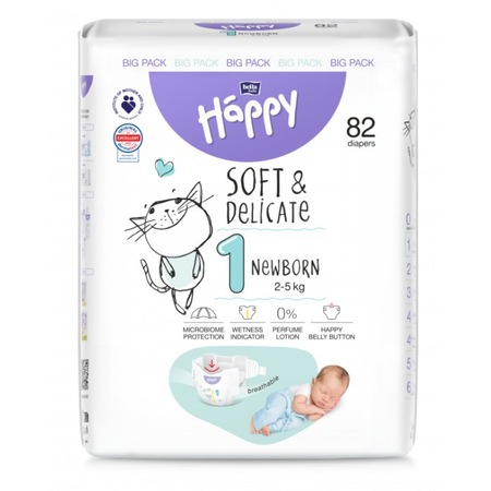 Scutece copii Happy Solf & Delicate New Born, Nr.1, 2-5 kg, 82 buc Soft ...