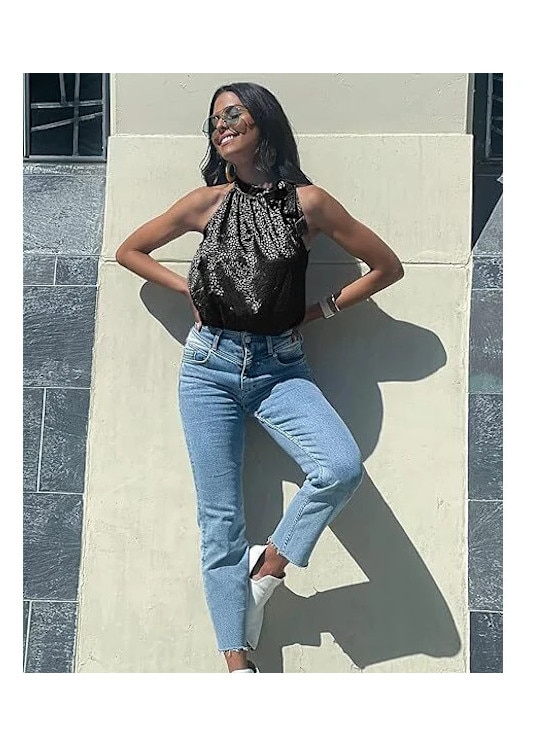 Top casual femei, negru, satin, fara maneci, design cu snur, relaxat ...