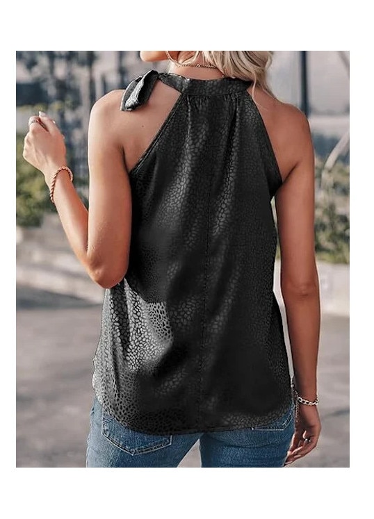 Top casual femei, negru, satin, fara maneci, design cu snur, relaxat ...