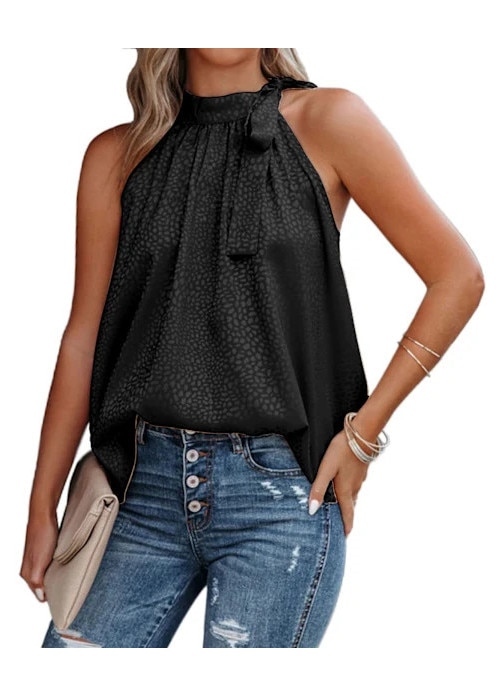 Top casual femei, negru, satin, fara maneci, design cu snur, relaxat ...