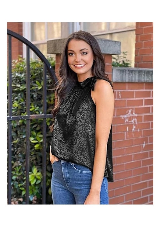 Top casual femei, negru, satin, fara maneci, design cu snur, relaxat ...
