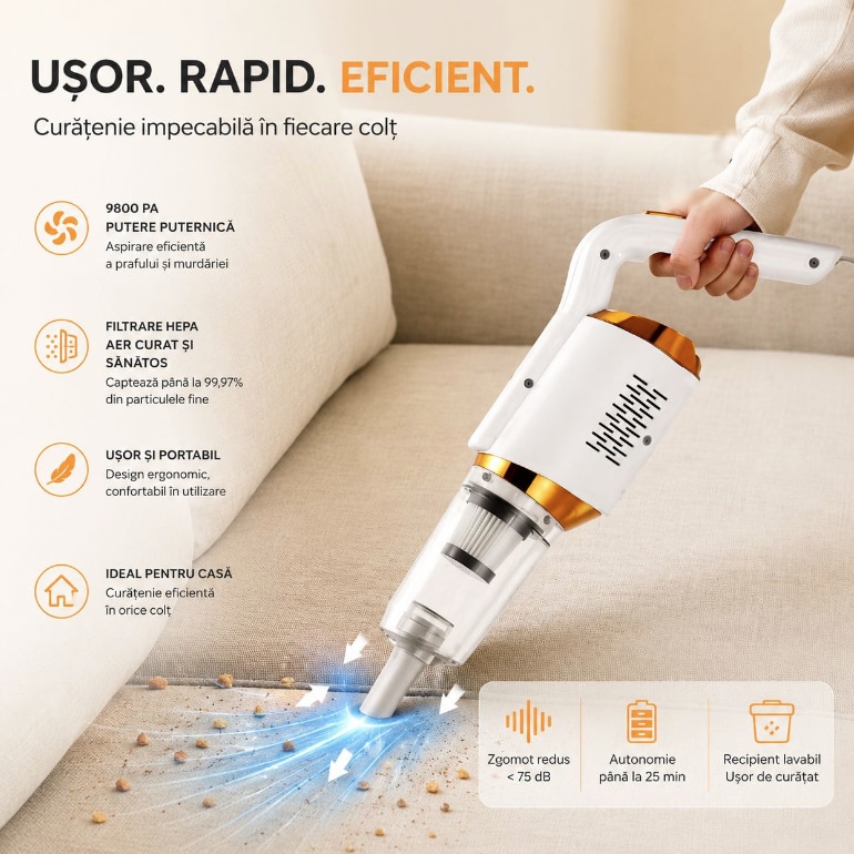 Aspirator Vertical 2 in 1 fara Fir, Portabil, Putere Mare de Aspirare ...