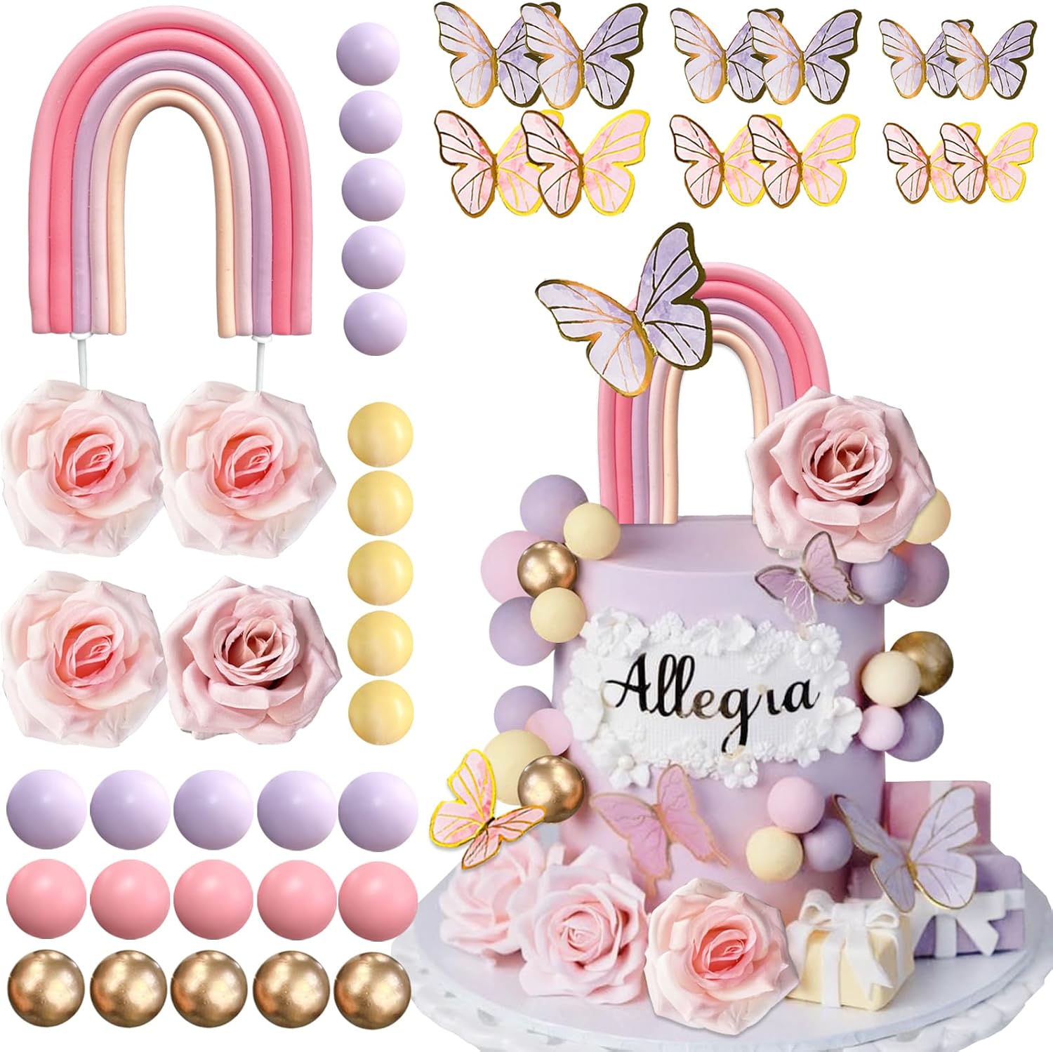 Set decor tort kengege 52 piese bile colorate fluturi flori multicolor ...