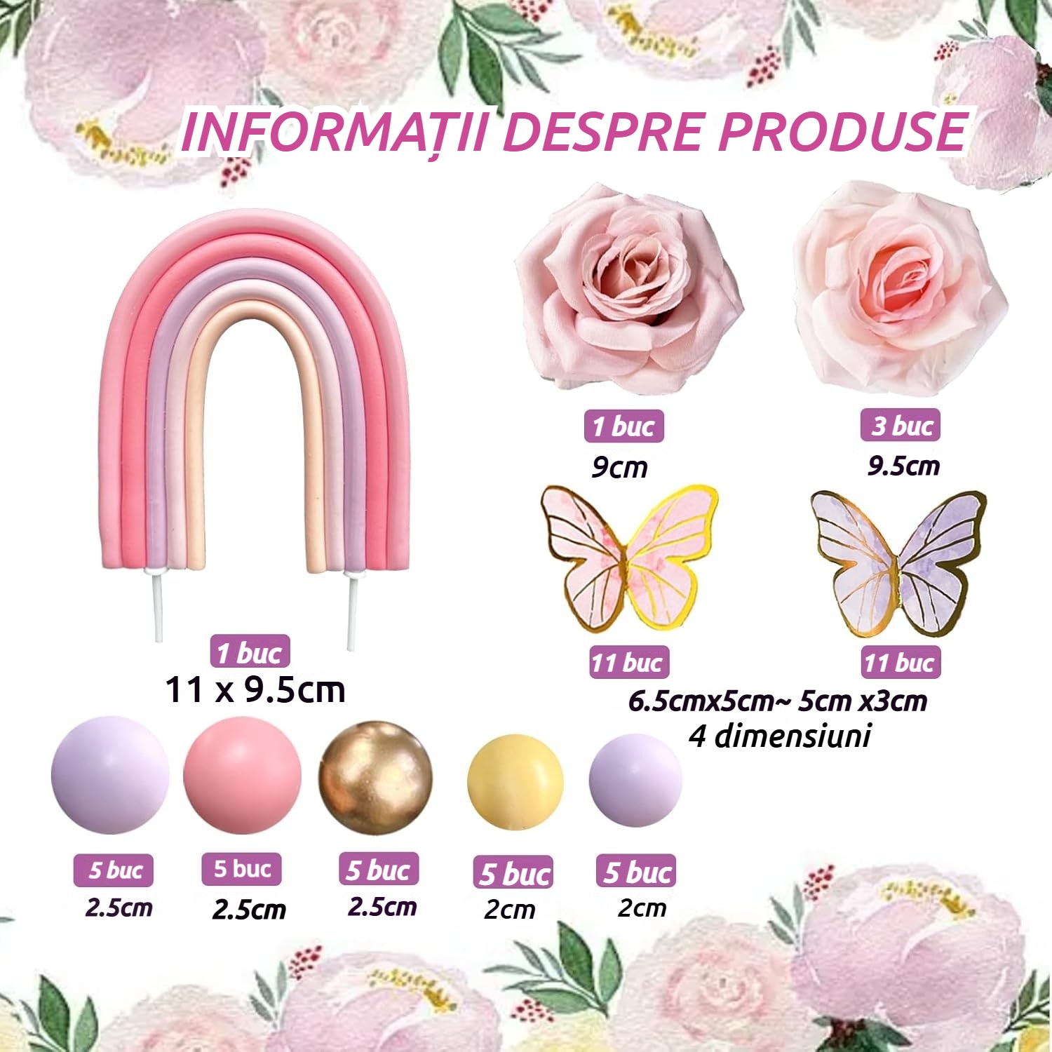 Set decor tort kengege 52 piese bile colorate fluturi flori multicolor ...