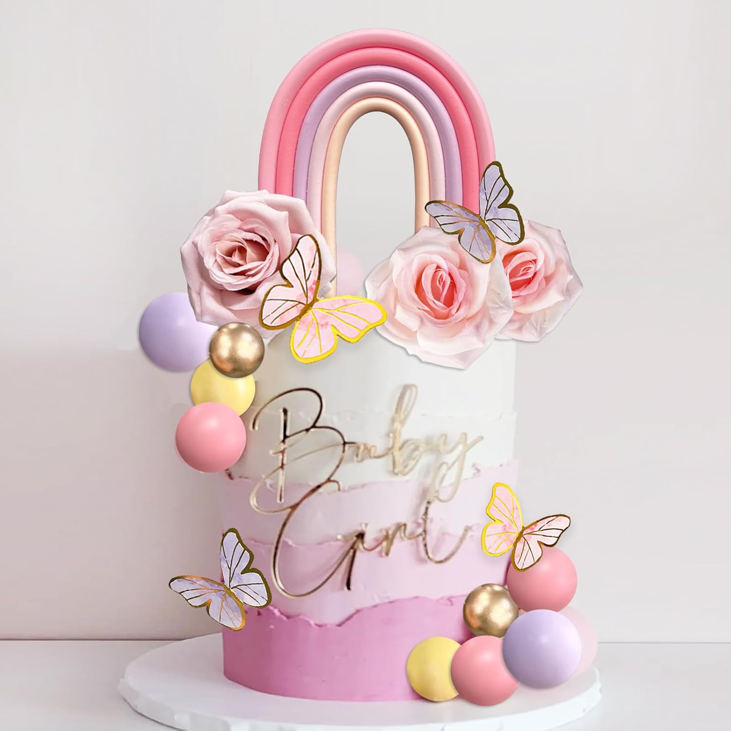 Set decor tort kengege 52 piese bile colorate fluturi flori multicolor ...