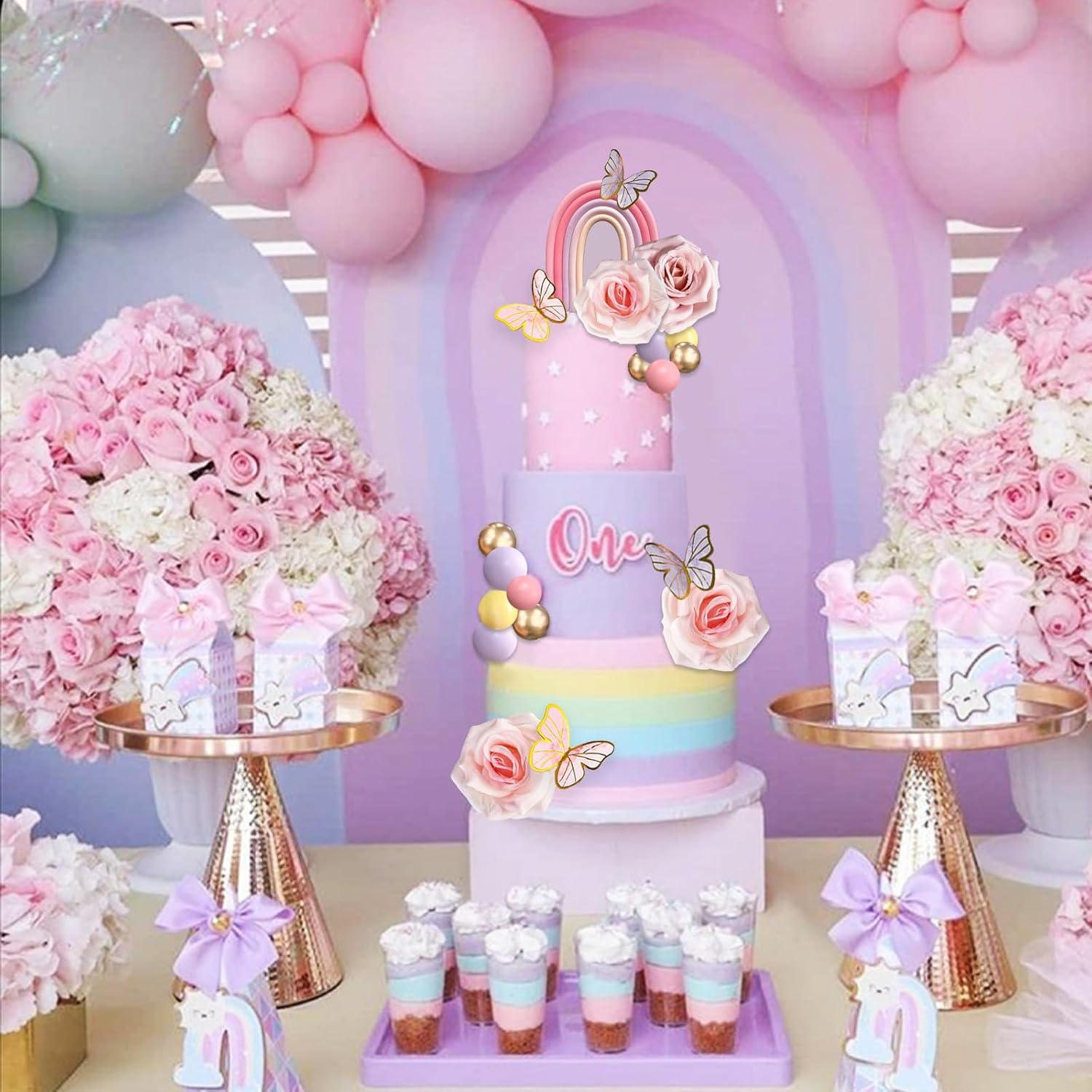 Set decor tort kengege 52 piese bile colorate fluturi flori multicolor ...