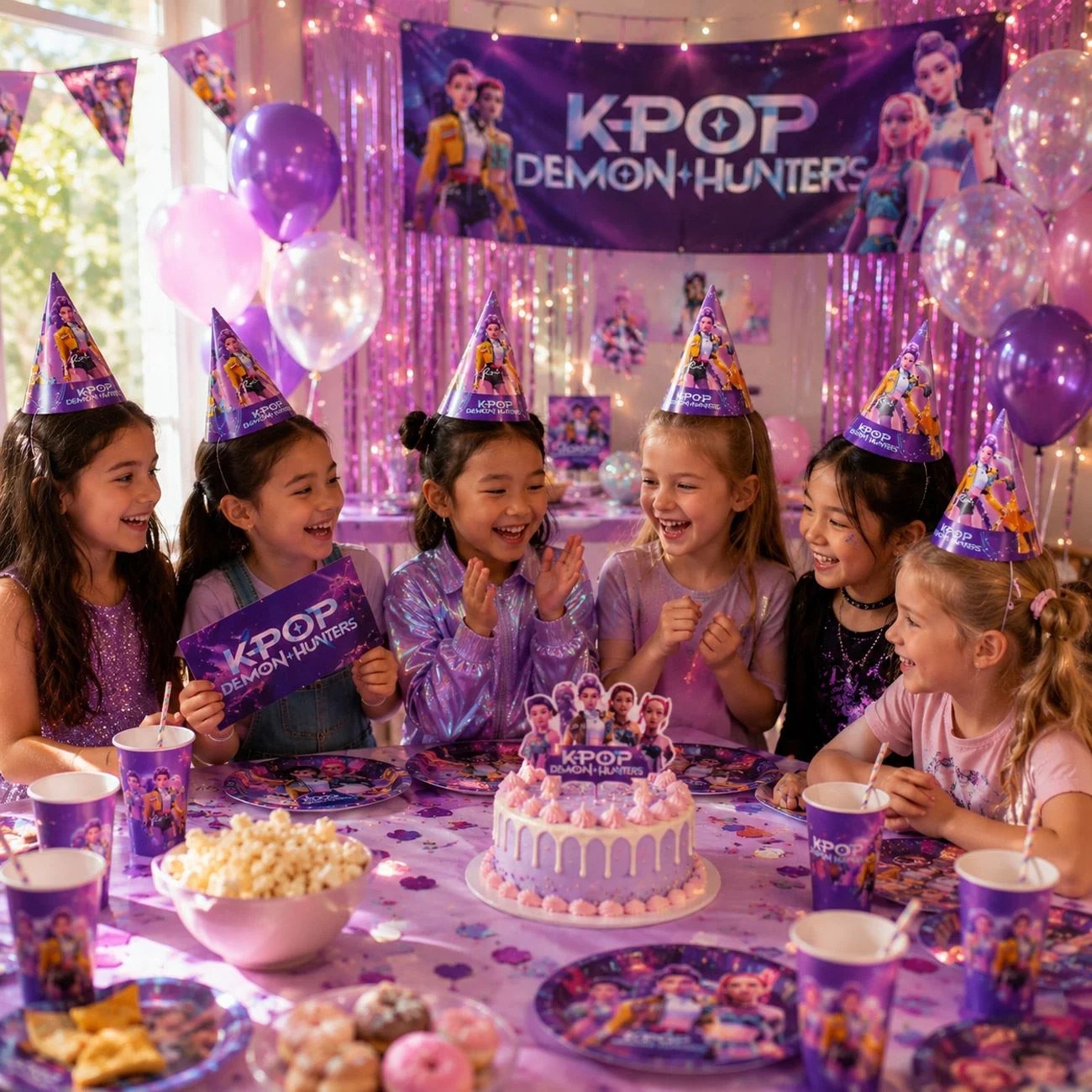 Palarii Party din Hartie Lila cu Model K-POP Demon Hunters 16cm - 6buc ...