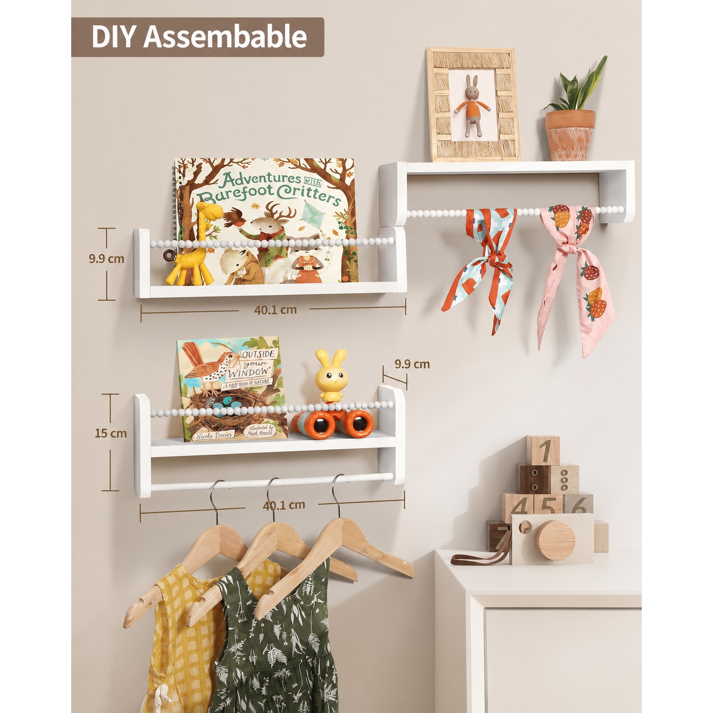 Set 3 rafturi suspendate Mazjoaru multifunctionale alb 40x10x15cm lemn ...