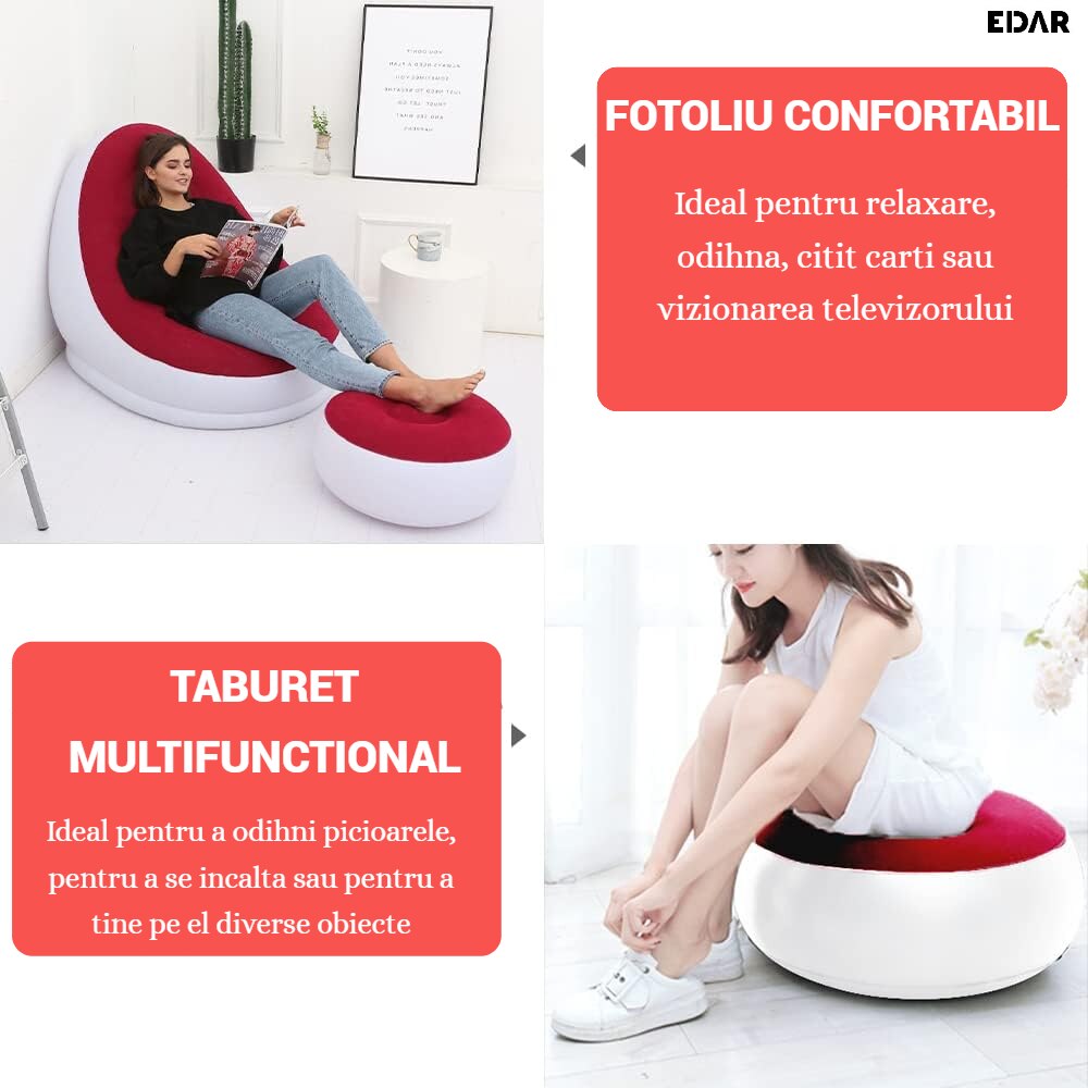 Set Fotoliu Gonflabil EDAR cu Taburet, PVC Catifelat, Pompa Inclusa ...
