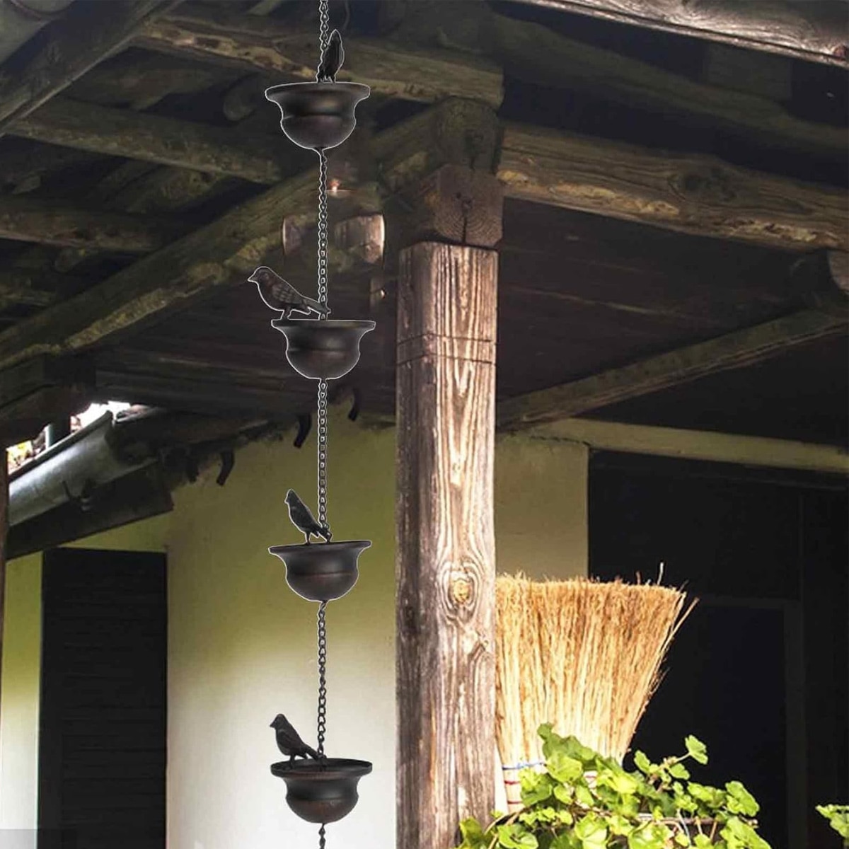 Lant de ploaie 2.4M cu pasari bronz inchis, clopotei si bazin 30.5x9cm ...