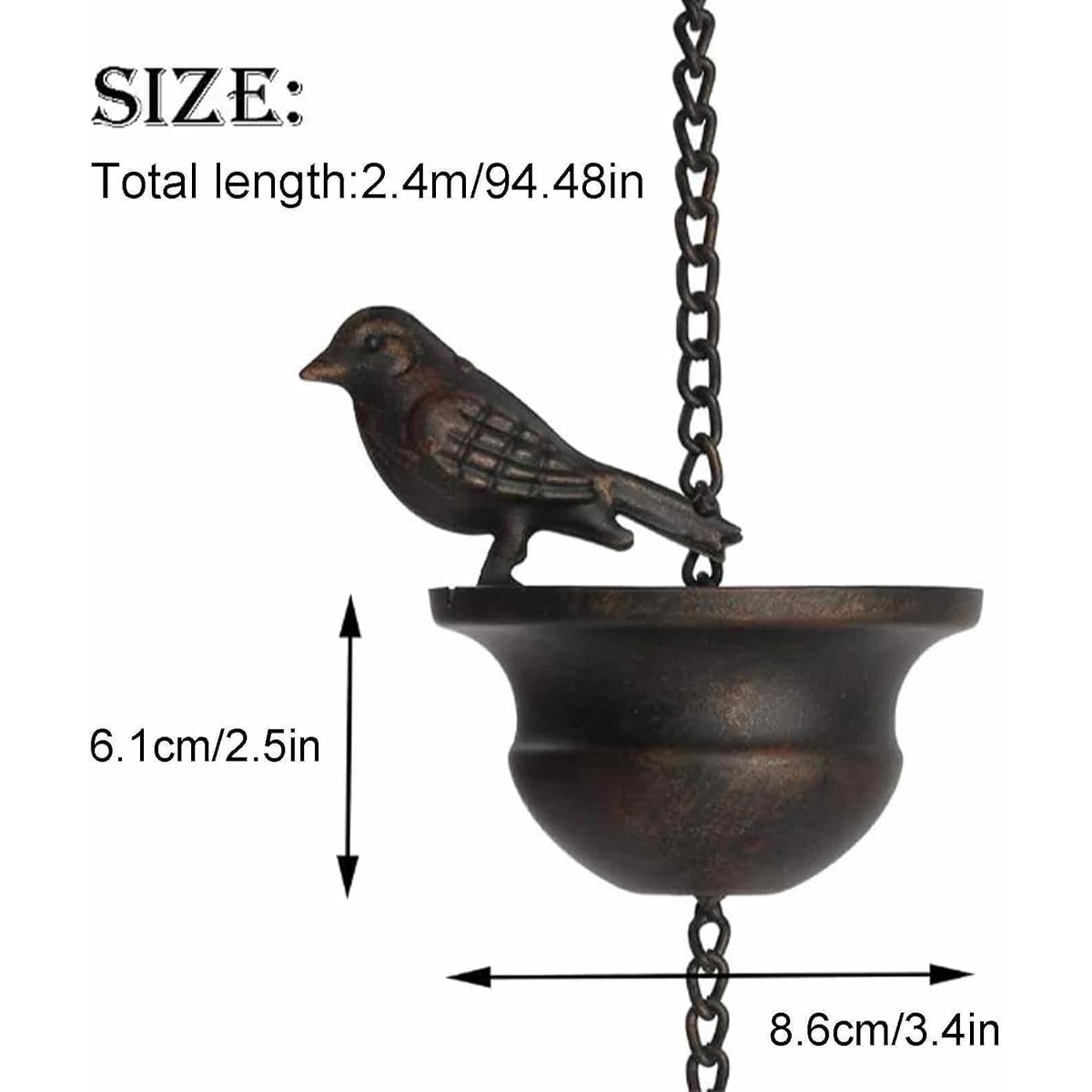 Lant de ploaie 2.4M cu pasari bronz inchis, clopotei si bazin 30.5x9cm ...