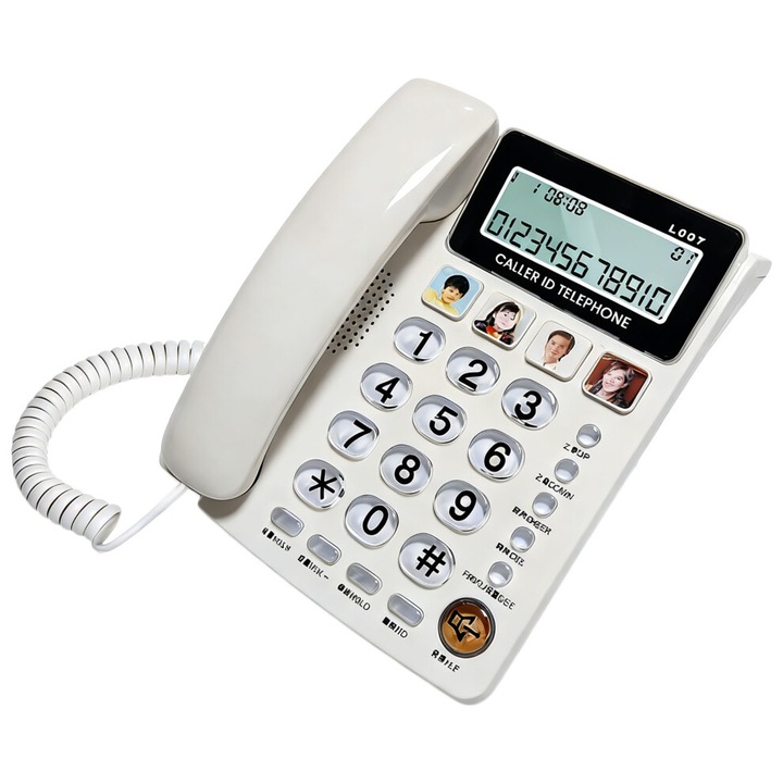 Telefon cu fir, butoane mari, volum reglabil, alb, dimensiune standard ...