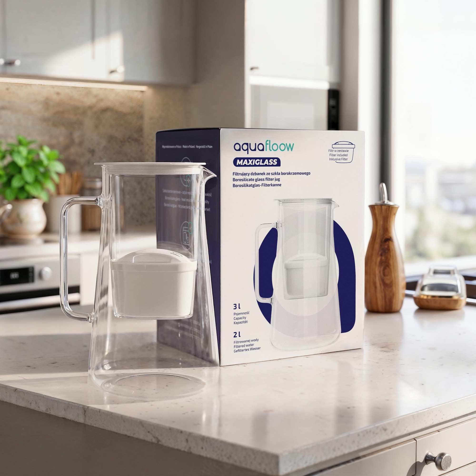 Cana filtranta AquaFloow Maxi White din sticla borosilicata 3 L cu 3x ...