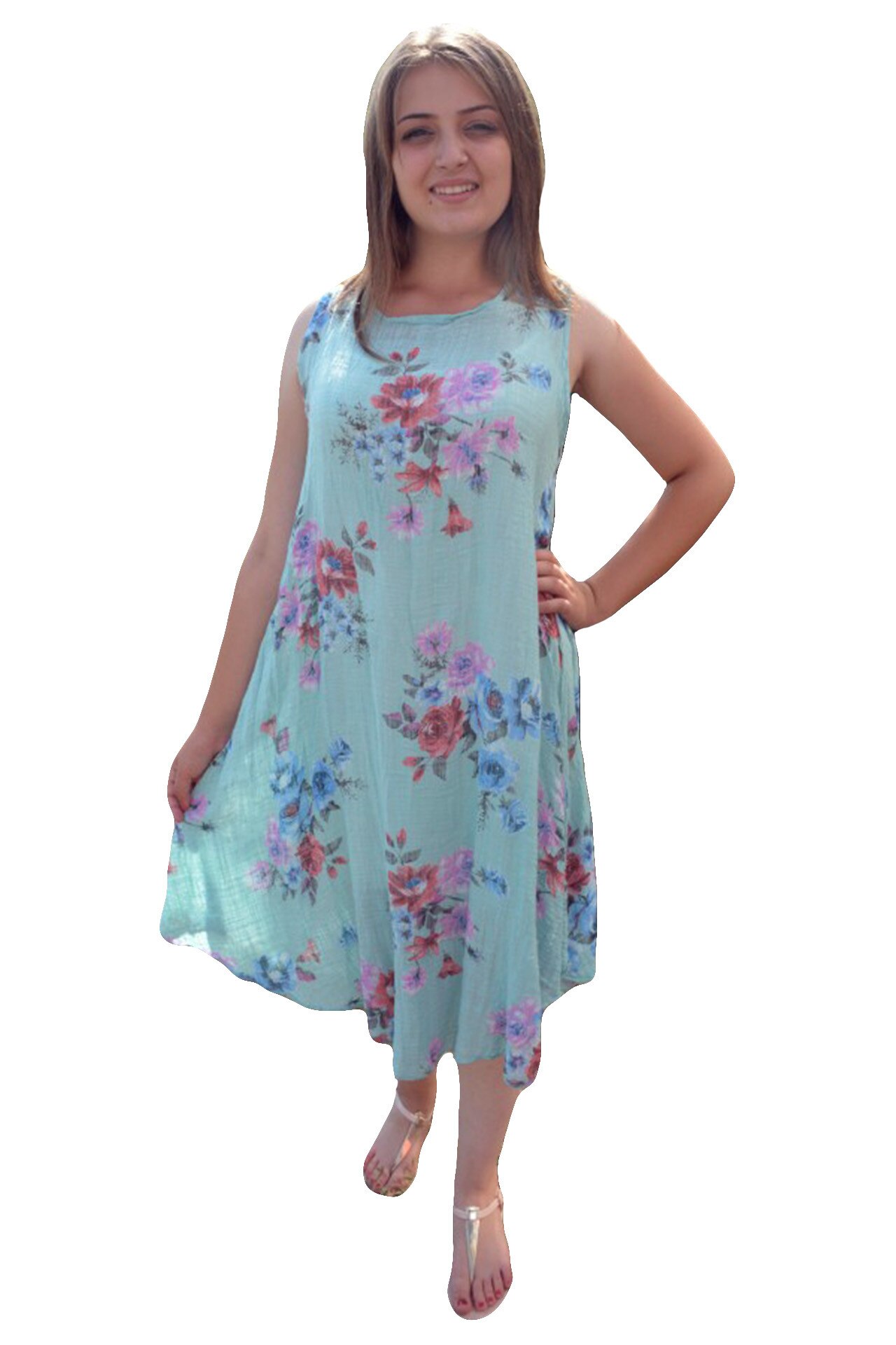 Rochie cu flori colorate, fara maneca, D&J Exclusive, Turcoaz deschis ...