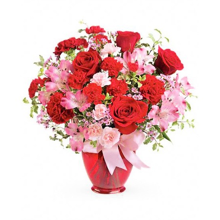 Buchet trandafiri rosii, garofite, alstroemeria, garoafe - Charisma ...