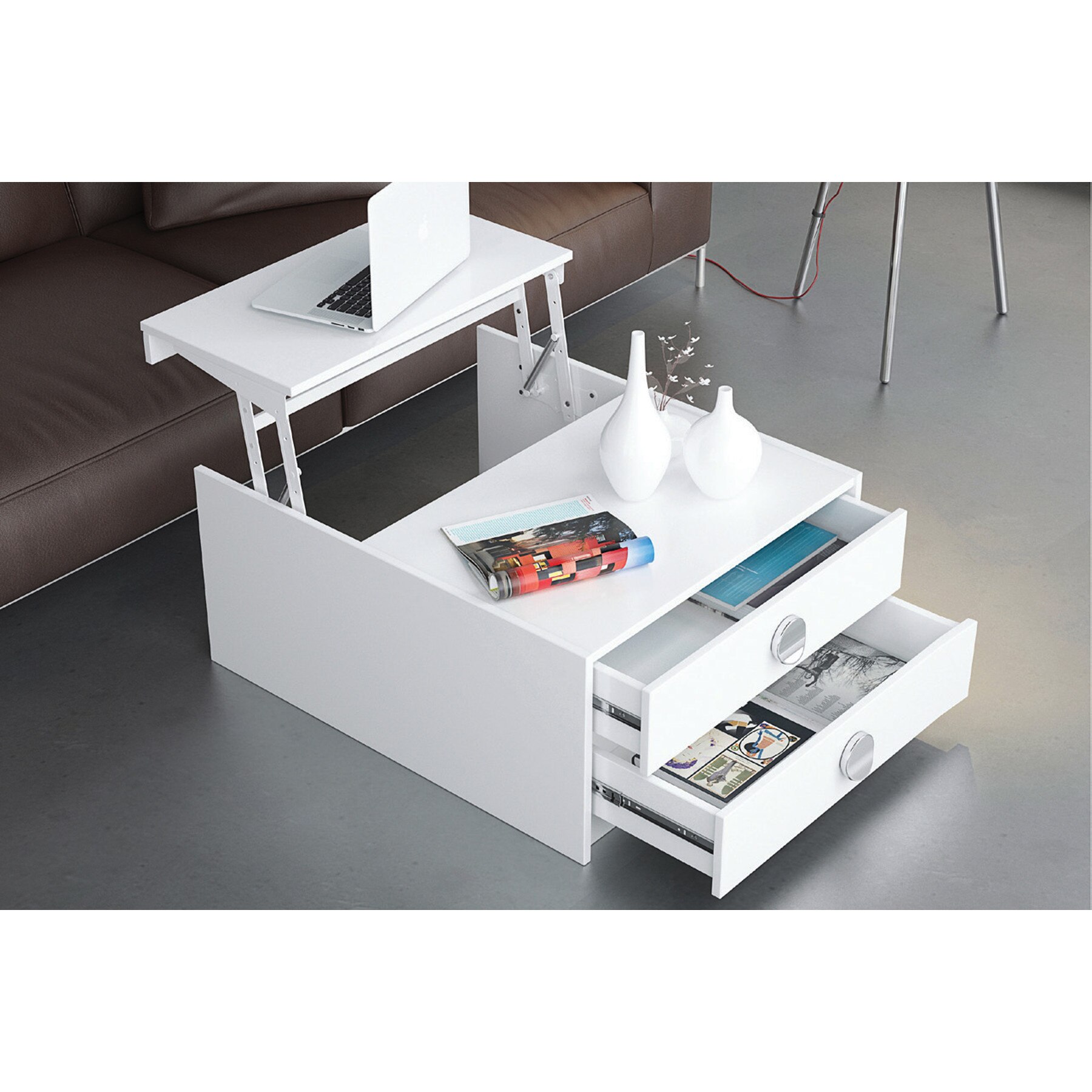 Masa extensibila Cu Roti, Mini Office, 90 cm, Alb cu sertare - eMAG.ro